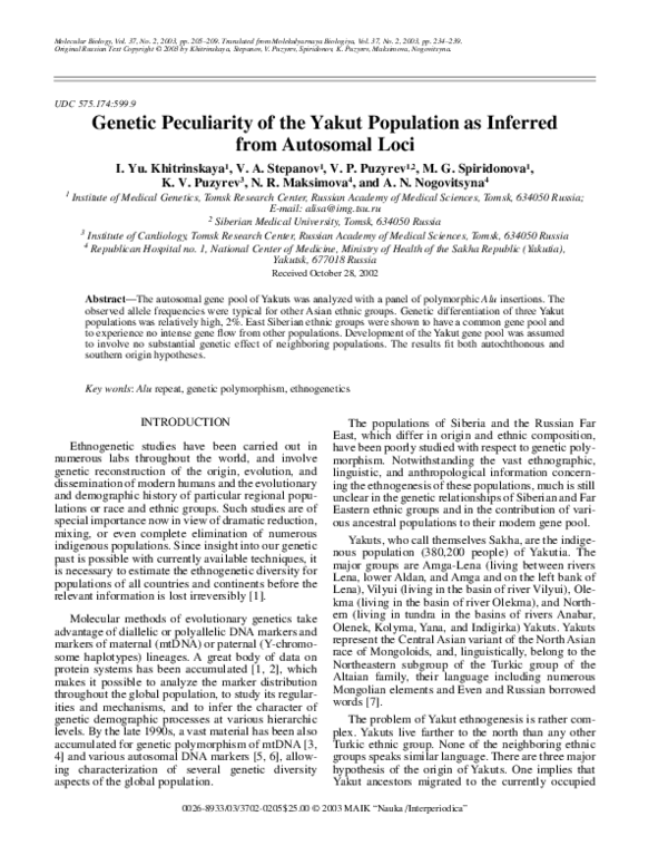 (PDF) Genetic Peculiarity of the Yakut Population as Inferred from Autosomal Loci