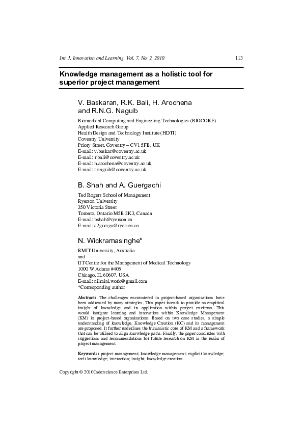 (PDF) Knowledge management as a holistic tool for superior project ...