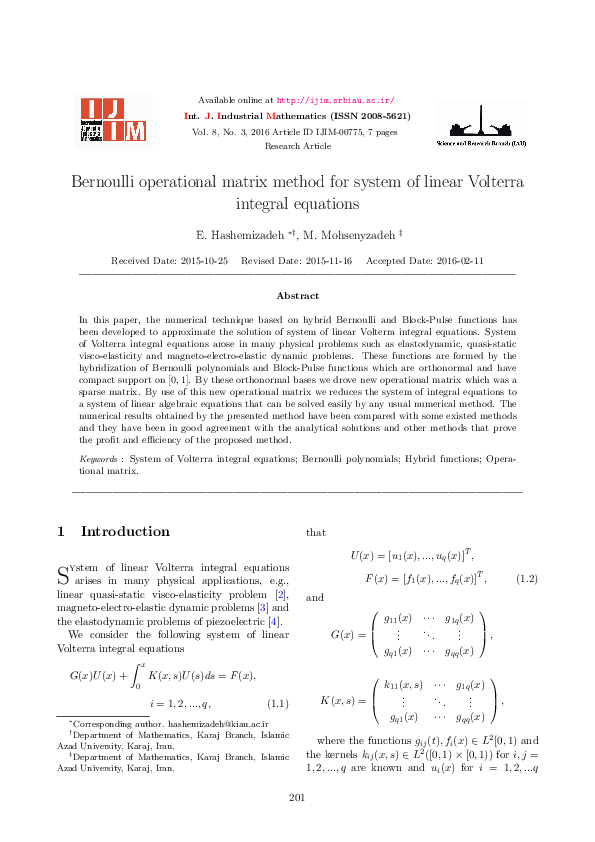 Pdf Bernoulli Operational Matrix Method For System Of Linear Volterra Integral Equations