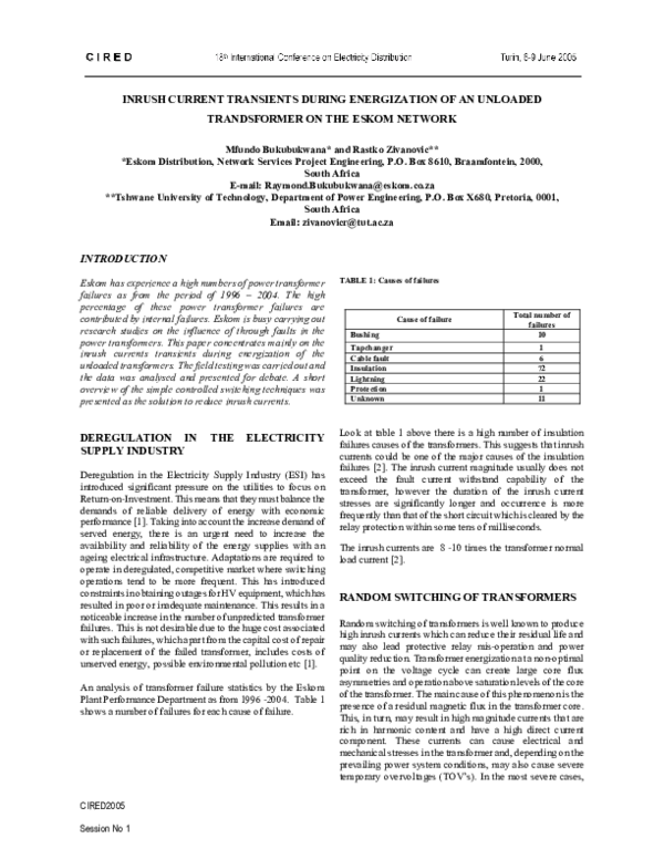 (PDF) Inrush current transients during energization of an unloaded transformer on the Eskom ...