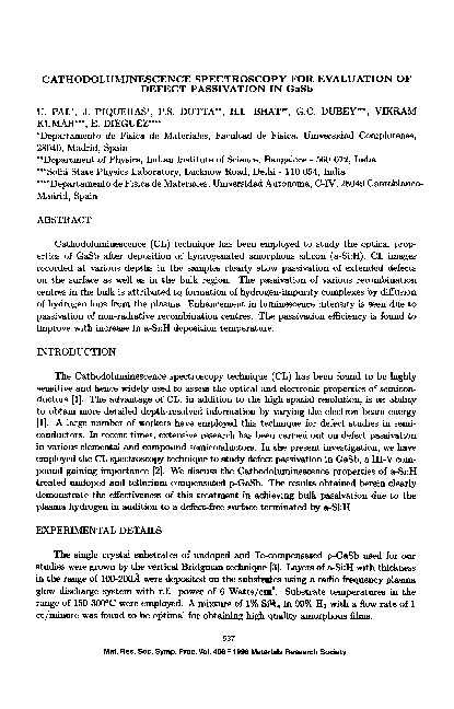 (PDF) Cathodoluminescence Spectroscopy For Evaluation Of Defect Passivation In GaSb | Vikram ...