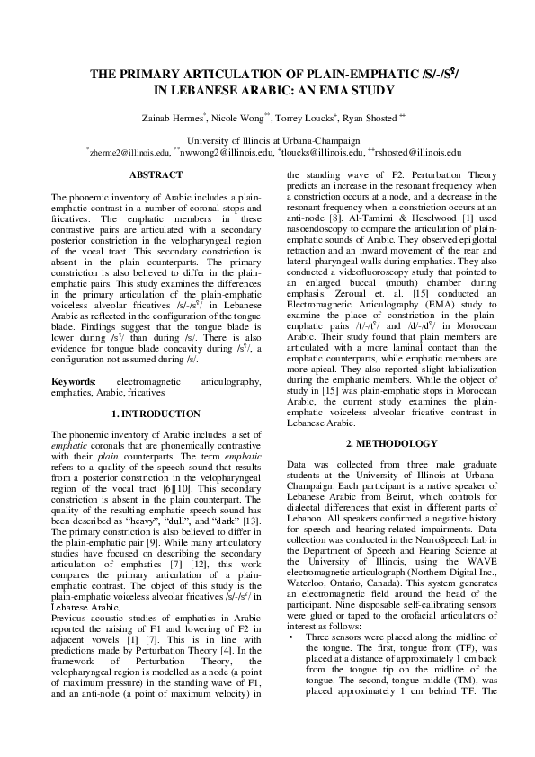(PDF) The primary articulation of plain-emphatic /s/-/sˤ/ in Lebanese ...