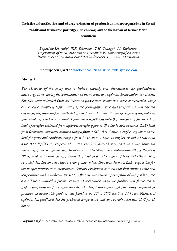 (DOC) Isolation, identification and characterization of predominant microorganisims in Swazi ...