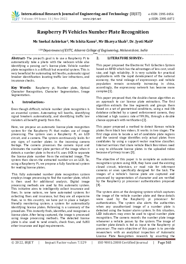 (PDF) Raspberry Pi Vehicles Number Plate Recognition