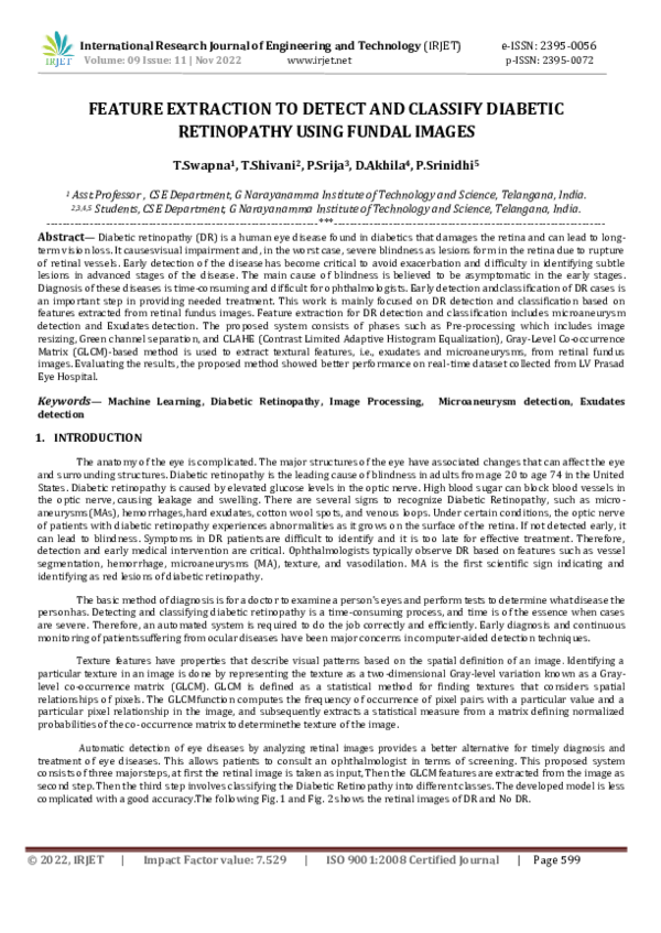 Pdf Feature Extraction To Detect And Classify Diabetic Retinopathy
