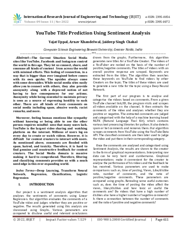 (PDF) YouTube Title Prediction Using Sentiment Analysis