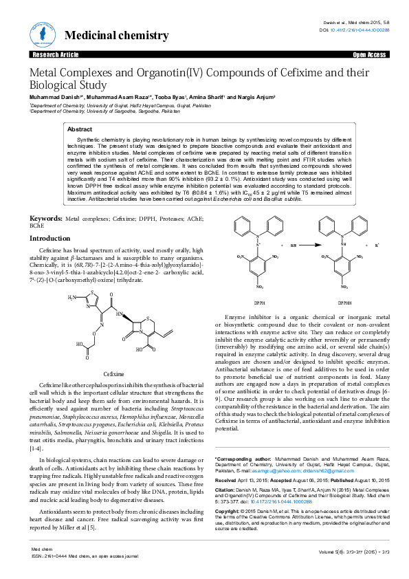 (PDF) Metal Complexes and Organotin(IV) Compounds of Cefixime and their Biological Study