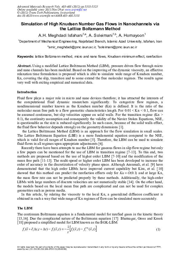 (PDF) Simulation of High Knudsen Number Gas Flows in Nanochannels via the Lattice Boltzmann Method