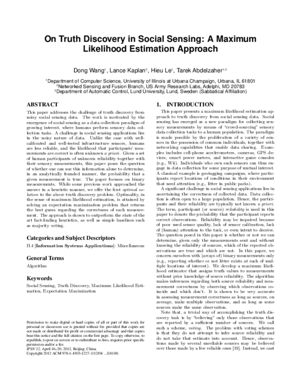 (PDF) On truth discovery in social sensing