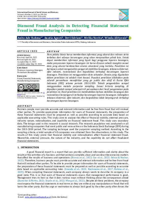 (PDF) Diamond Fraud Analysis in Detecting Financial Statement Fraud in Manufacturing Companies ...