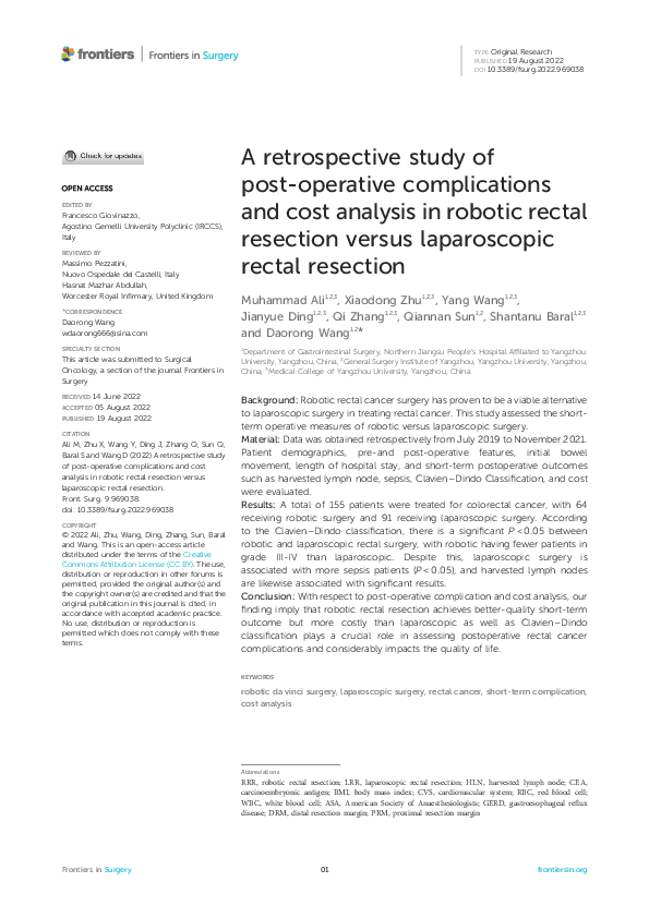 (PDF) A retrospective study of post-operative complications and cost analysis in robotic rectal ...