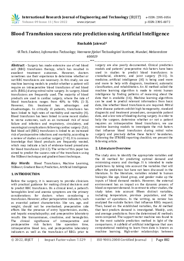 (PDF) Blood Transfusion success rate prediction using Artificial Intelligence