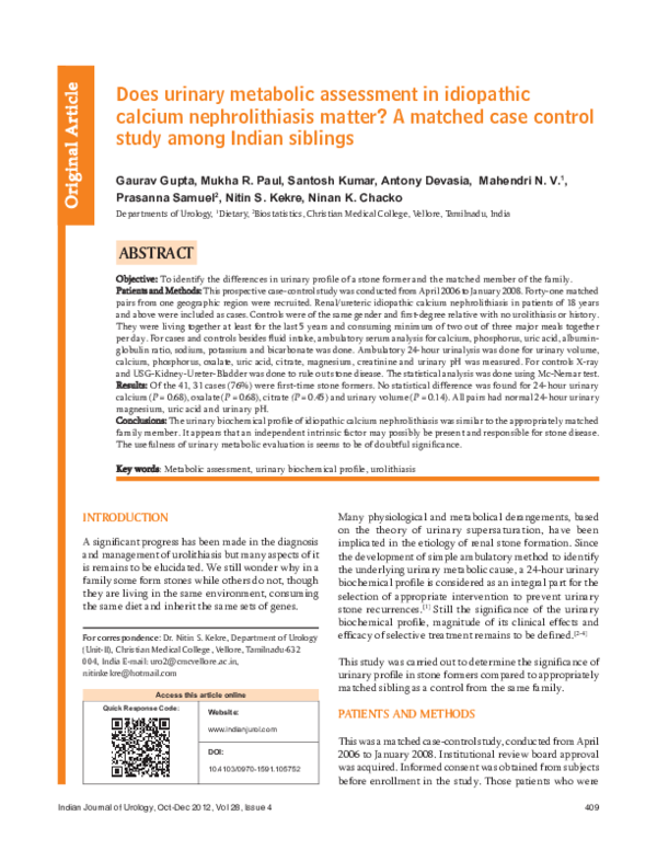 (PDF) Does urinary metabolic assessment in idiopathic calcium ...