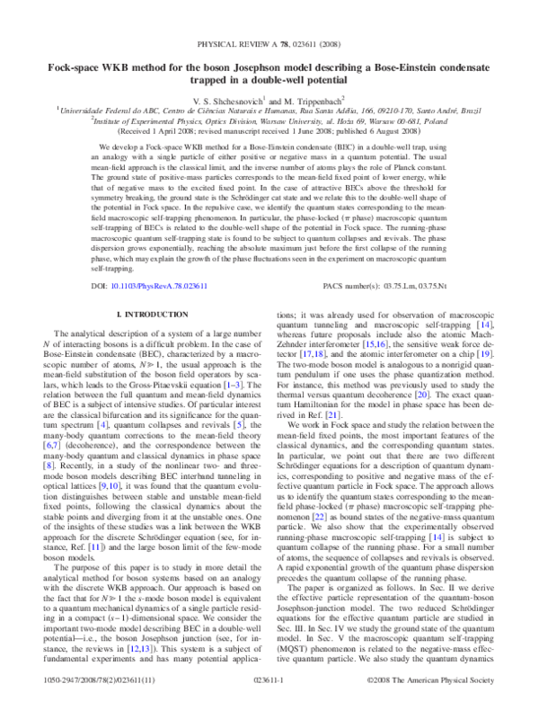 (PDF) Fock-space WKB method for the boson Josephson model describing a Bose-Einstein condensate ...