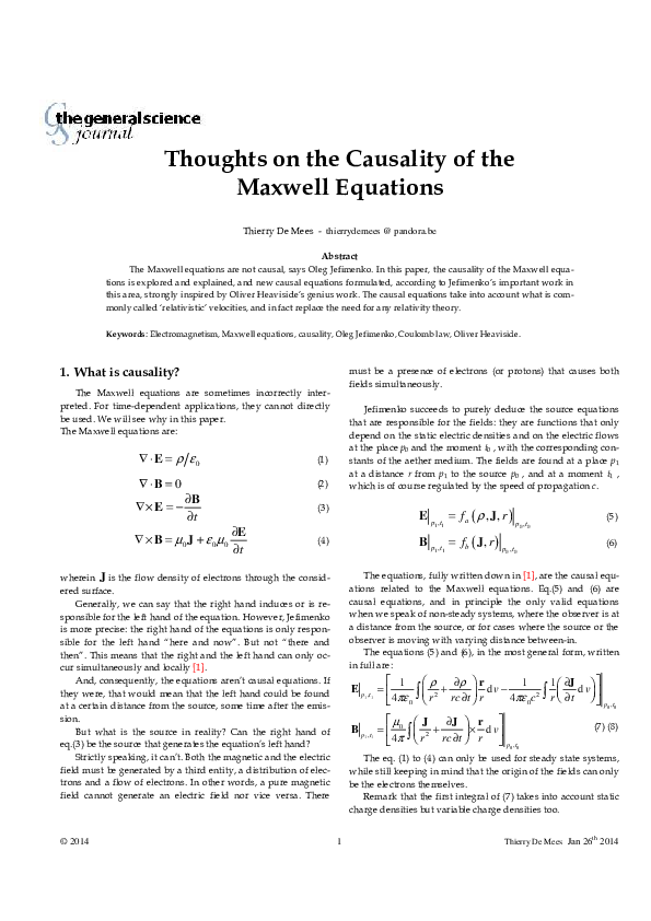 (PDF) Thoughts on the Causality of the Maxwell Equations