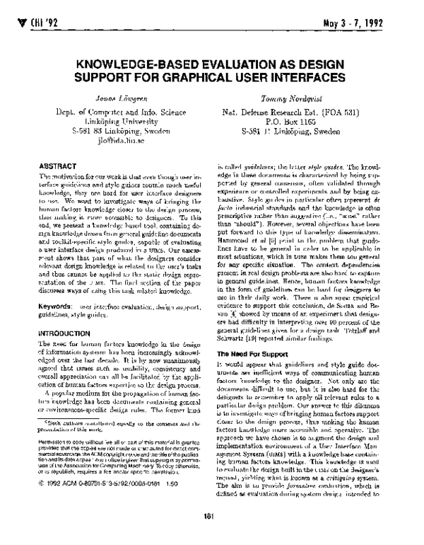 Pdf Knowledge Based Evaluation As Design Support For Graphical User Interfaces Jonas Löwgren