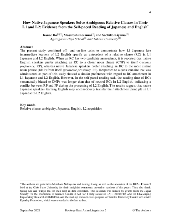 (PDF) How Native Japanese Speakers Solve Ambiguous Relative Clauses in ...
