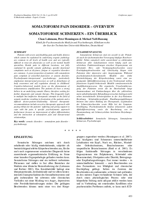 (PDF) Somatoform Pain Disorder overview Somatoforme Schmerzen ein Überblick