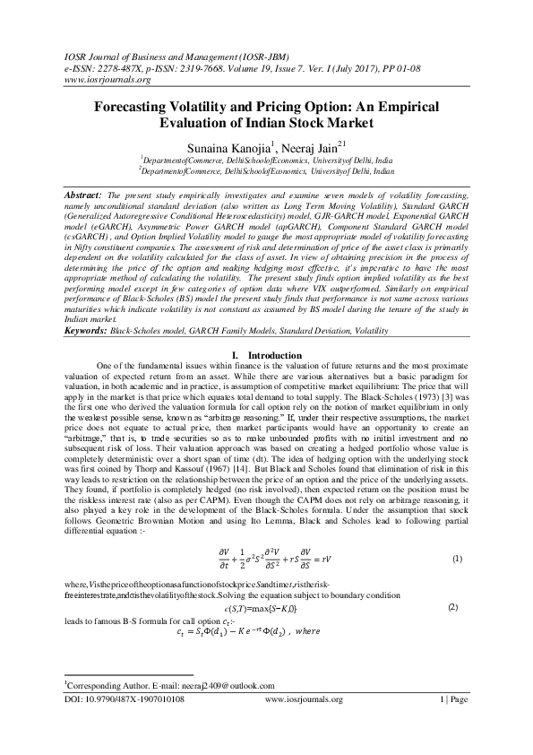 Pdf Forecasting Volatility And Pricing Option An Empirical Evaluation Of Indian Stock Market