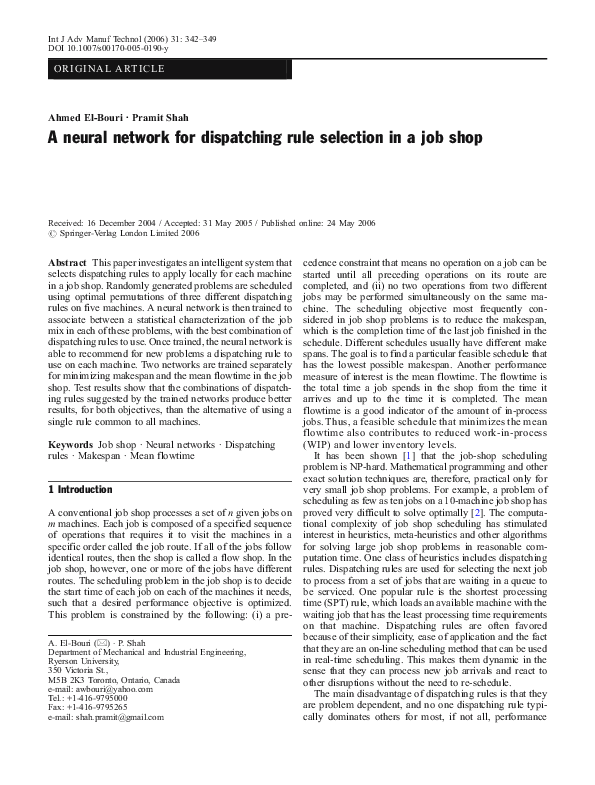 (PDF) A neural network for dispatching rule selection in a job shop