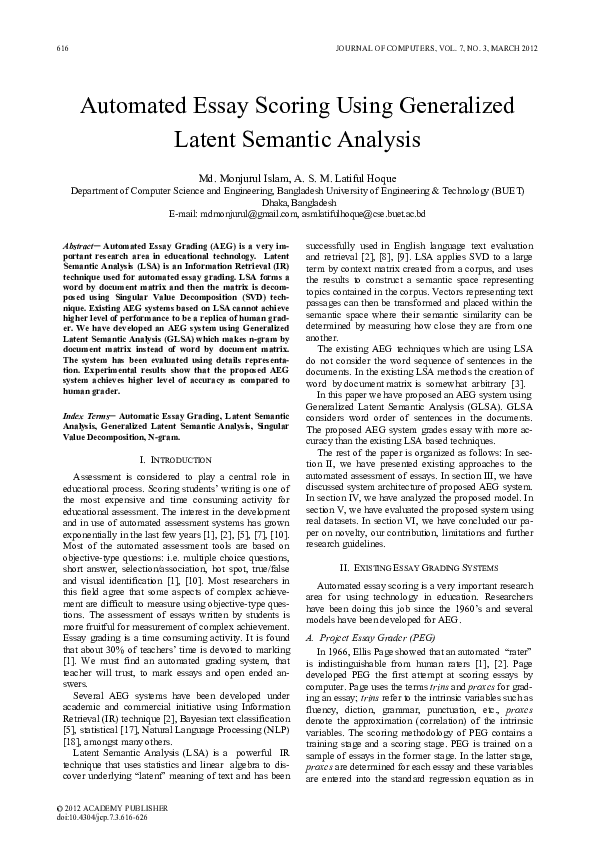 Pdf Automated Essay Scoring Using Generalized Latent Semantic Analysis