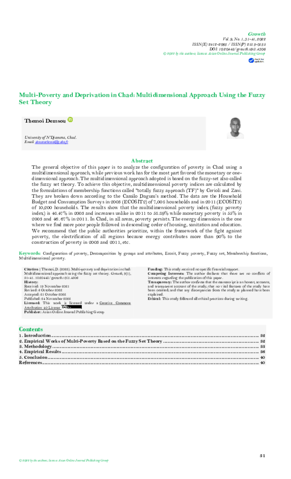 (PDF) Multi-Poverty and Deprivation in Chad: Multidimensional Approach Using the Fuzzy Set Theory