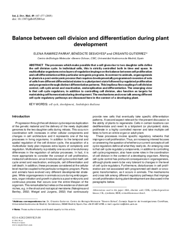 (PDF) Balance between cell division and differentiation during plant ...