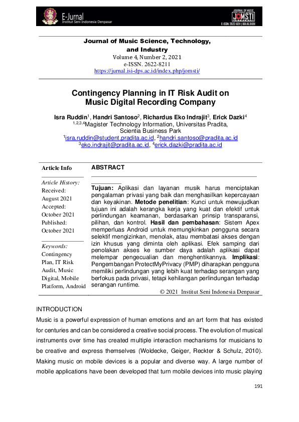 (PDF) Contingency Planning in IT Risk Audit on Music Digital Recording Company