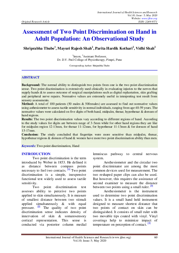 (PDF) Assessment of Two Point Discrimination on Hand in Adult ...