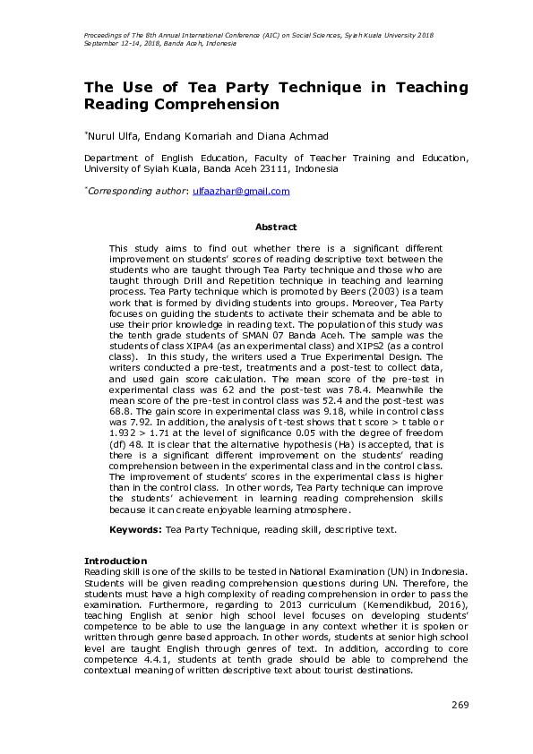 (PDF) The Use of Tea Party Technique in Teaching Reading Comprehension