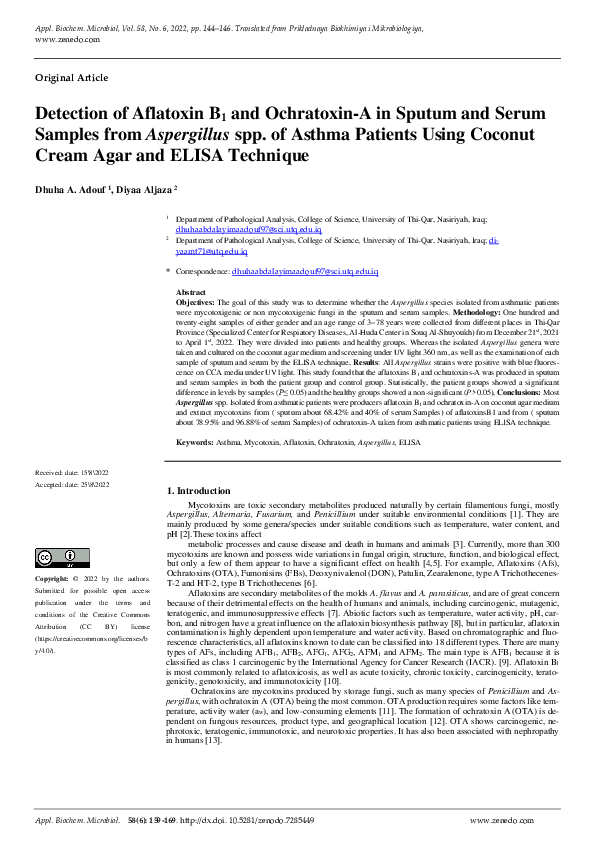(PDF) Detection of Aflatoxin B1 and Ochratoxin-A in Sputum and Serum Samples from Aspergillus ...