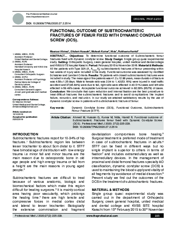 (PDF) Functional outcome of Subtrochanteric Fractures of femur fixed ...