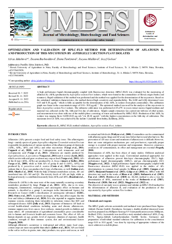 (PDF) Optimization and Validation of HPLC-FLD Method for Determination of Aflatoxin B1 and ...