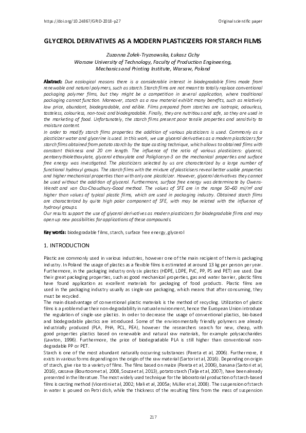 (PDF) Glycerol Derivatives as a Modern Plasticizers for Starch Films