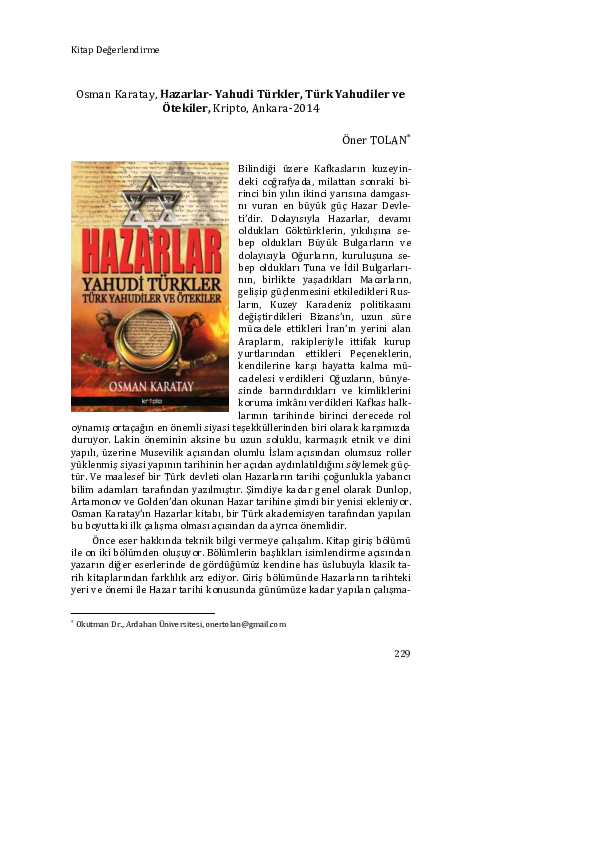 (PDF) [Kitap Tanıtımı] Osman Karatay, Hazarlar- Yahudi Türkler, Türk Yahudiler ve Ötekiler ...