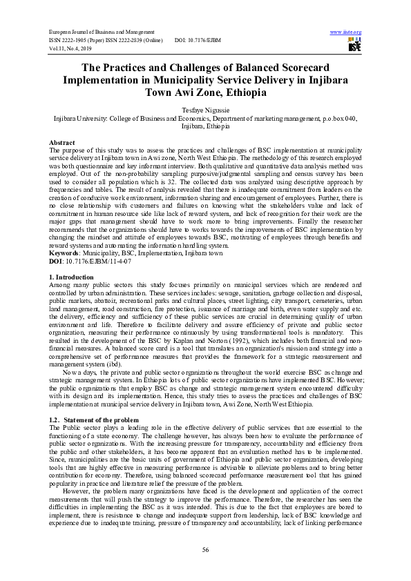 (PDF) The Practices and Challenges of Balanced Scorecard Implementation in Municipality Service ...