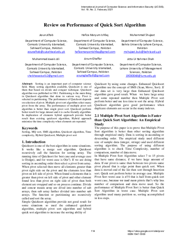 (PDF) Review on Performance of Quick Sort Algorithm