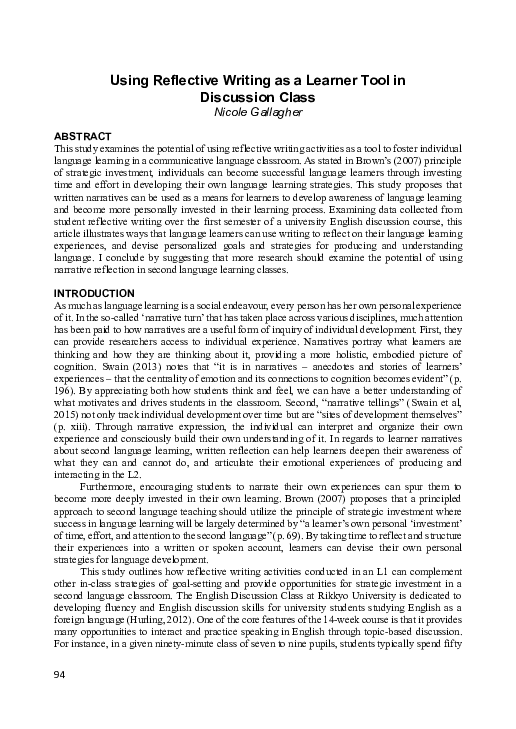 (PDF) Using Reflective Writing as a Learner Tool in Discussion Class