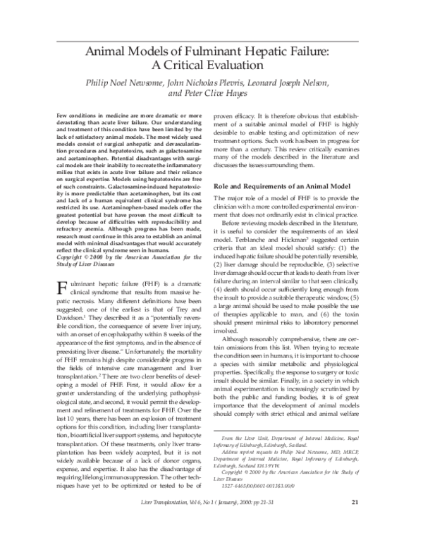 (PDF) Animal models of fulminant hepatic failure: A critical evaluation