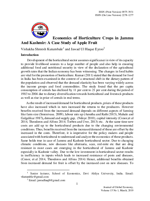 (PDF) Economics of Horticulture Crops in Jammu and Kashmir: A Case Study of apple fruit