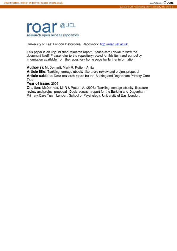 (PDF) Tackling teenage obesity: literature review and project proposal