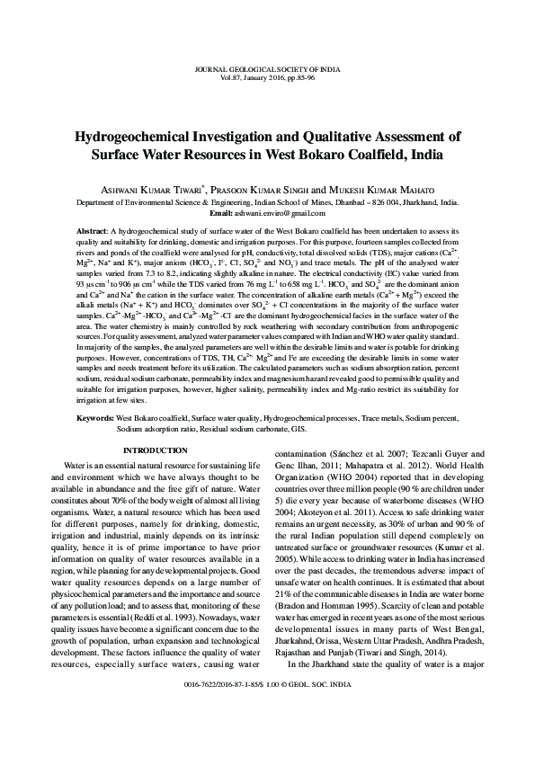 (PDF) Hydrogeochemical investigation and qualitative assessment of surface water resources in ...