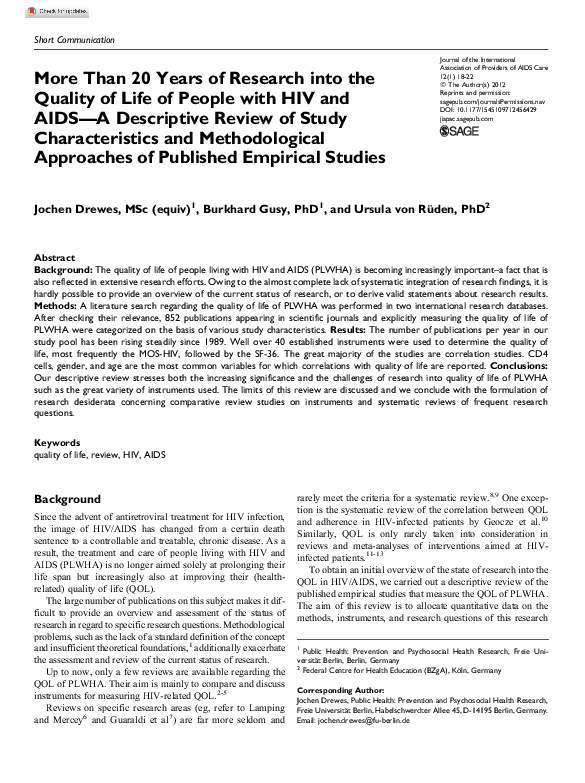 (PDF) More than 20 years of research into the quality of life of people ...