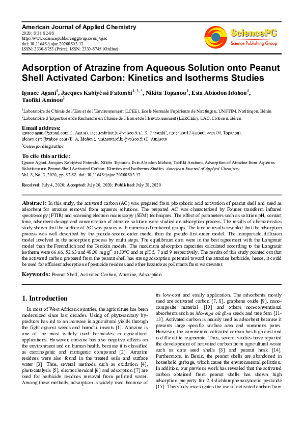 (PDF) Adsorption of Atrazine from Aqueous Solution onto Peanut Shell Activated Carbon: Kinetics ...