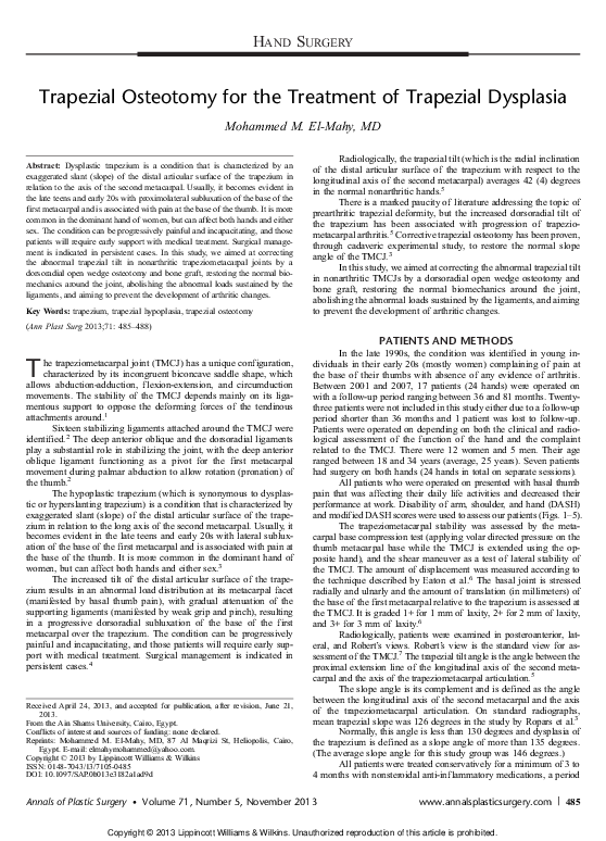 (PDF) Trapezial Osteotomy for the Treatment of Trapezial Dysplasia