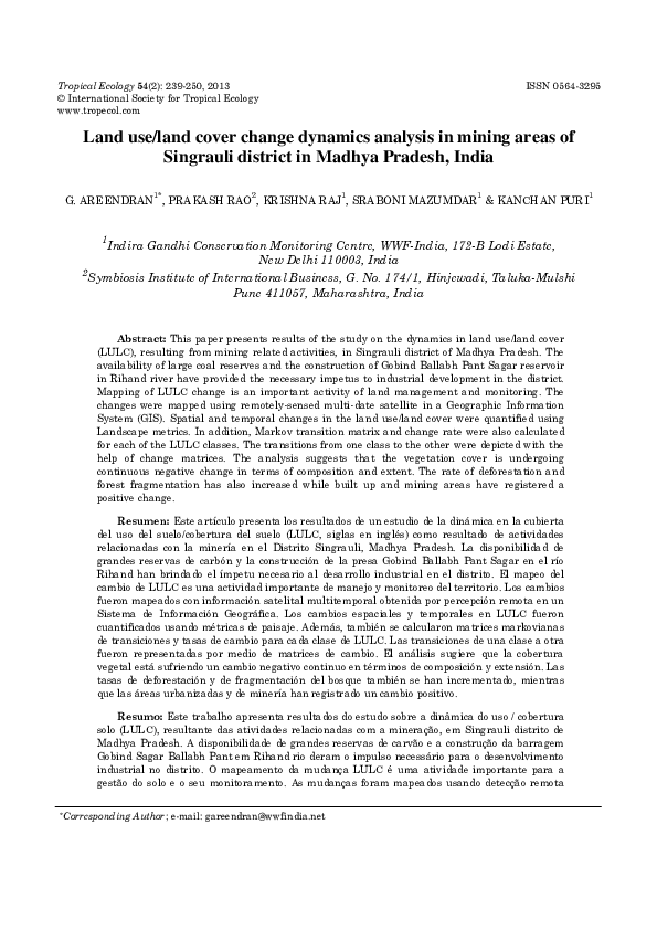 (PDF) Land use/land cover change dynamics analysis in mining areas of Singrauli district in ...