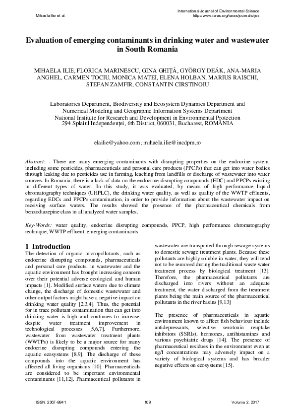 (PDF) Evaluation of Emerging Contaminants in Drinking Water and Wastewater in South Romania ...