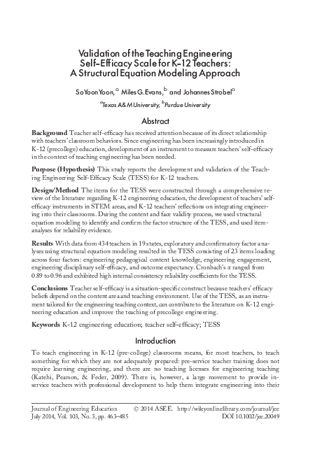 (PDF) Validation of the Teaching Engineering Self-Efficacy Scale for K-12 Teachers: A Structural ...