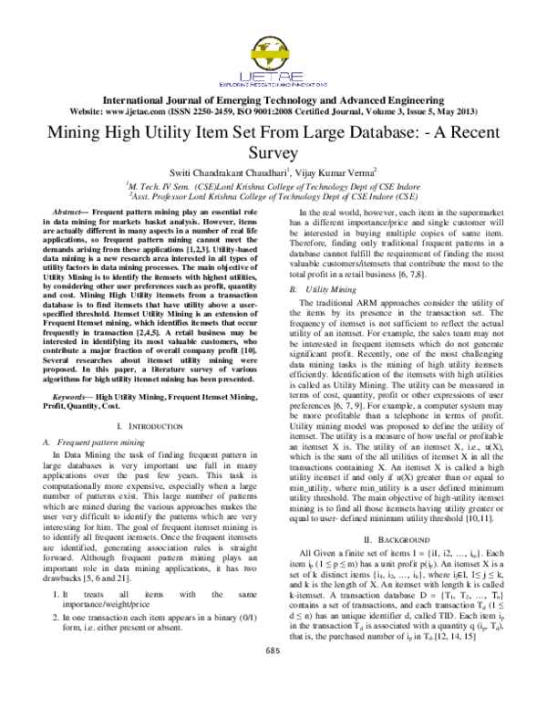 Pdf Mining High Utility Item Set From Large Database A Recent Survey Dr Vijay Kumar