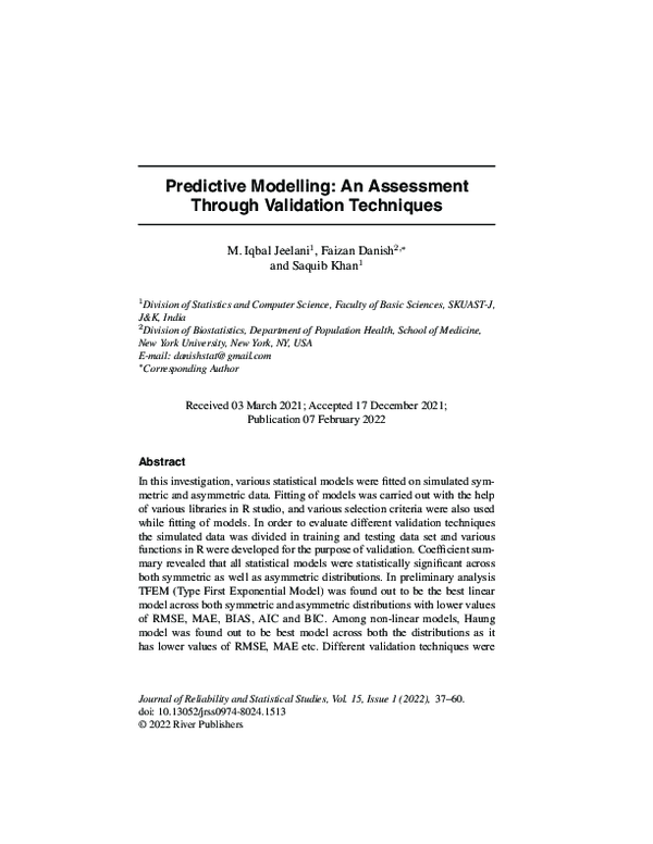 (PDF) Predictive Modelling: An Assessment Through Validation Techniques